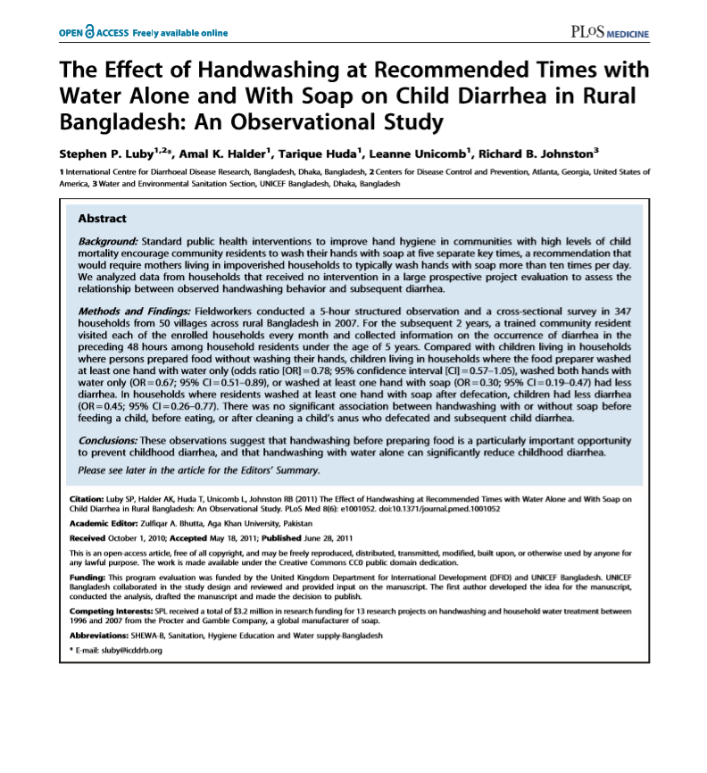 The Effect of Handwashing at Recommended Times with Water Alone and ...