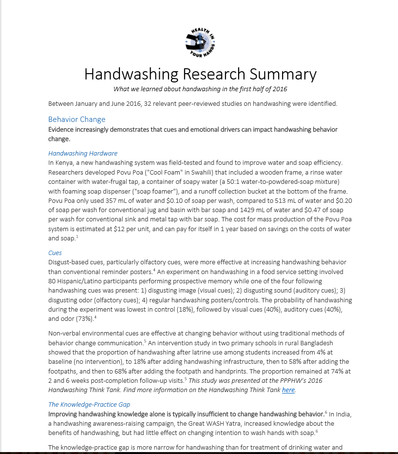January – June 2016 Research Summary - The Global Handwashing Partnership